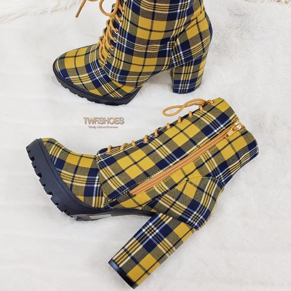 Mata | Shoes | Sexy Yellow Plaid Chunky Heel Lace Up Ankle Boots | Poshmark